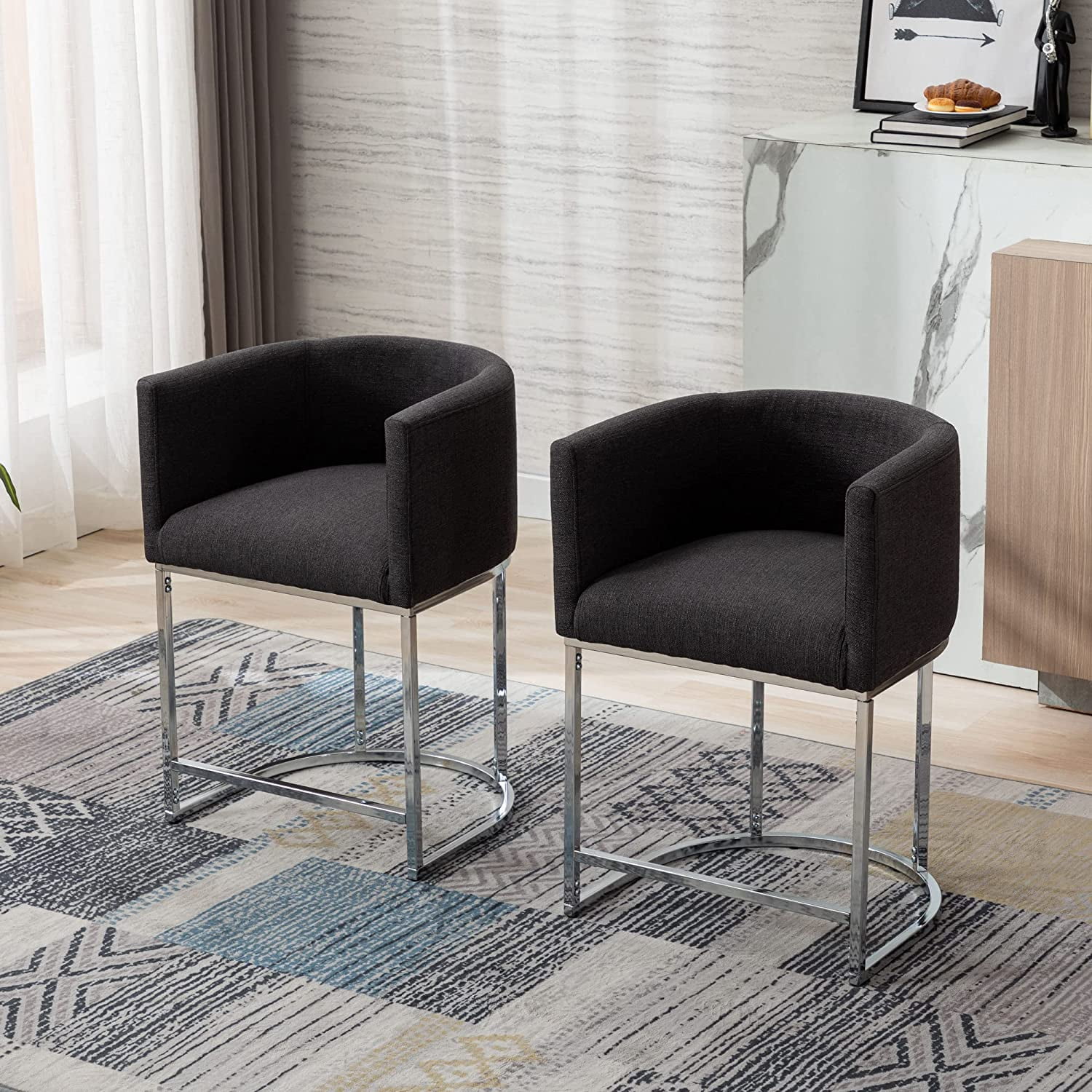 Faux Leather Upholstered Barrel Counter Height Barstools 24" H Modern ...