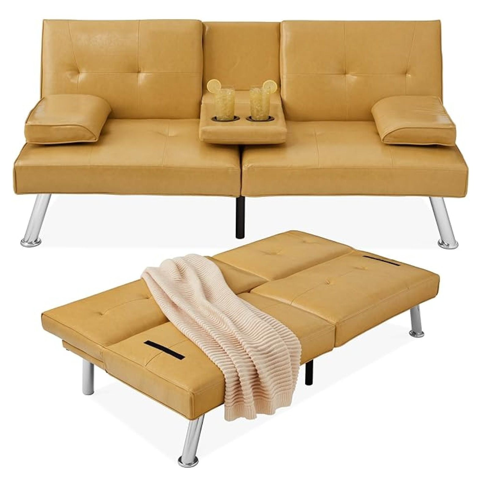 Faux Leather Upholstered Convertible Futon, Adjustable Bed, Guest Bed w ...