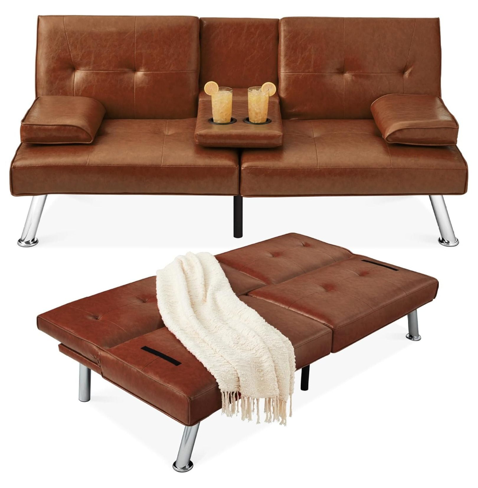 Faux Leather Upholstered Modern Convertible Futon, Adjustable Folding ...