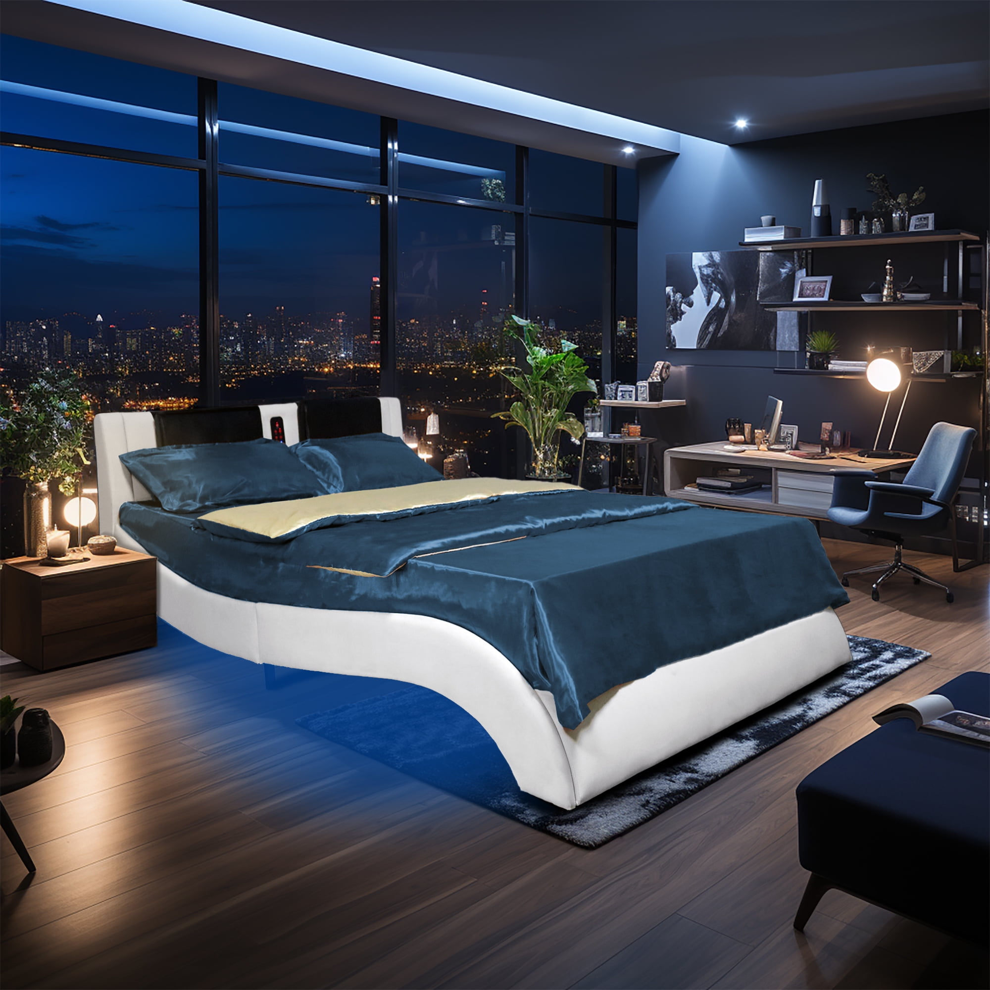 Faux Leather Upholstered Platform Bed Frame With Led Lighting ...