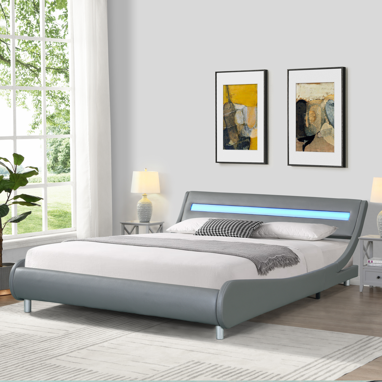 Faux Leather Upholstered Platform Bed Frame with LED Lighting Curve ...