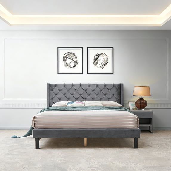 Faux Leather Upholstered Platform Bed with LED Lighting, Bluetooth ...
