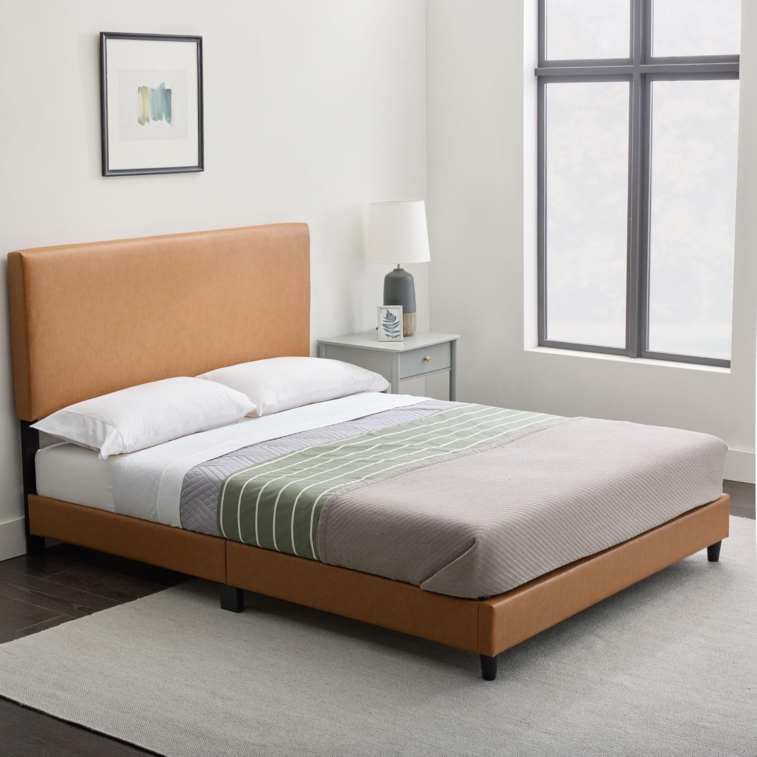 Faux Leather Upholstered Platform Bed with Headboard - No Box Spring ...