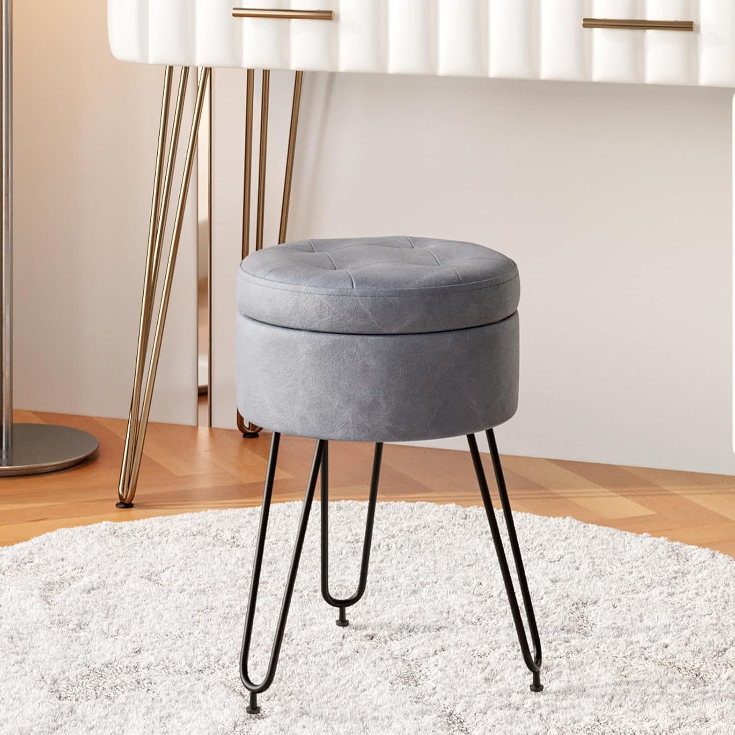 Faux Leather Vanity Stool, Round Desk Stool with Metal Legs, Tufted ...