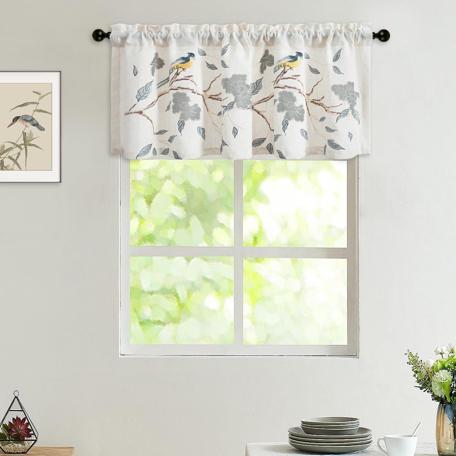 Faux Linen Embroidery Valances for Windows, Floral Farmhouse Treatment ...