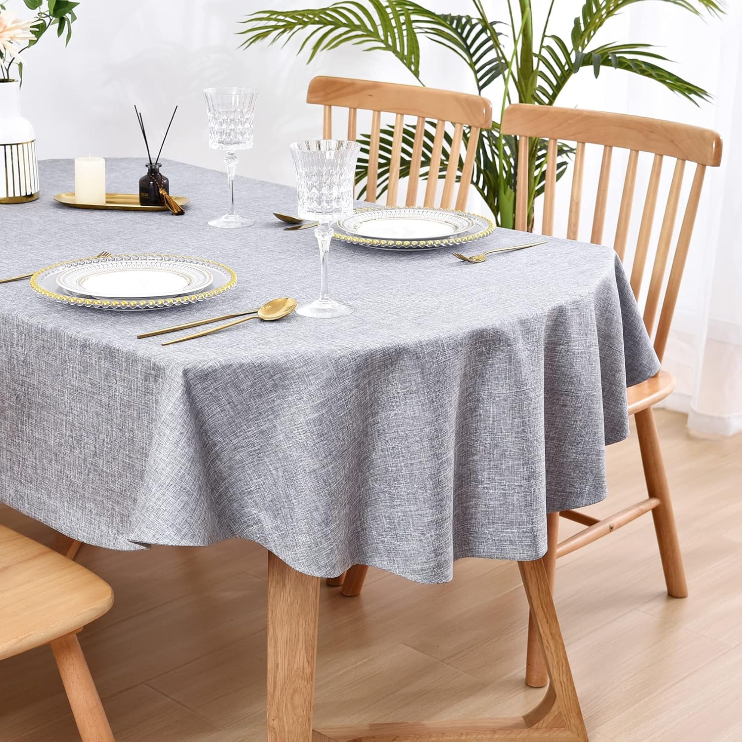 Faux Linen Oval Tablecloth Heavy Duty Wrinkle Resistant Fabric Table ...
