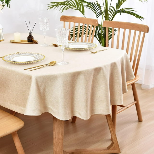 Faux Linen Oval Tablecloth Heavy Duty Wrinkle Resistant Fabric Table ...