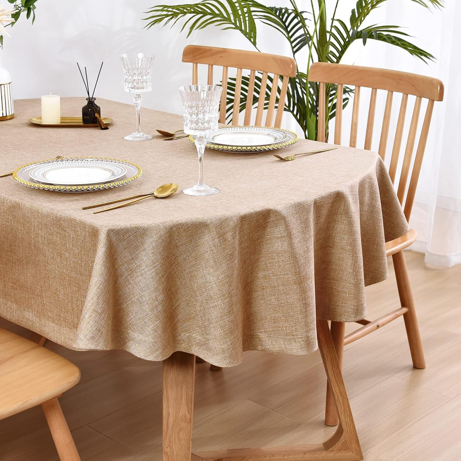 Faux Linen Oval Tablecloth Heavy Duty Wrinkle Resistant Fabric Table ...