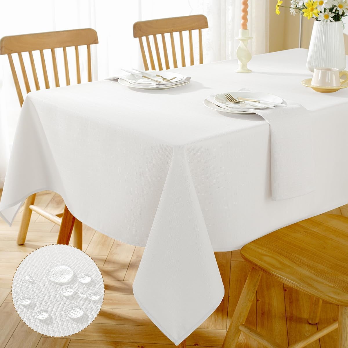 Faux Linen Rectangle Tablecloth, Waterproof Wrinkle Free Textured Table ...