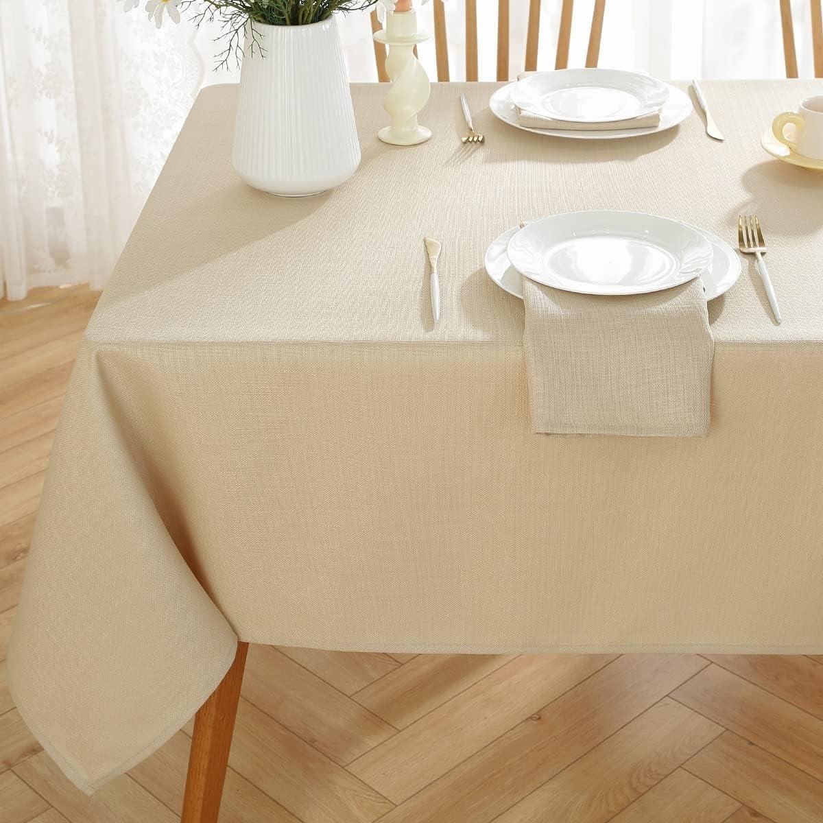 Faux Linen Rectangle Tablecloth, Waterproof Wrinkle Free Woven Textured ...