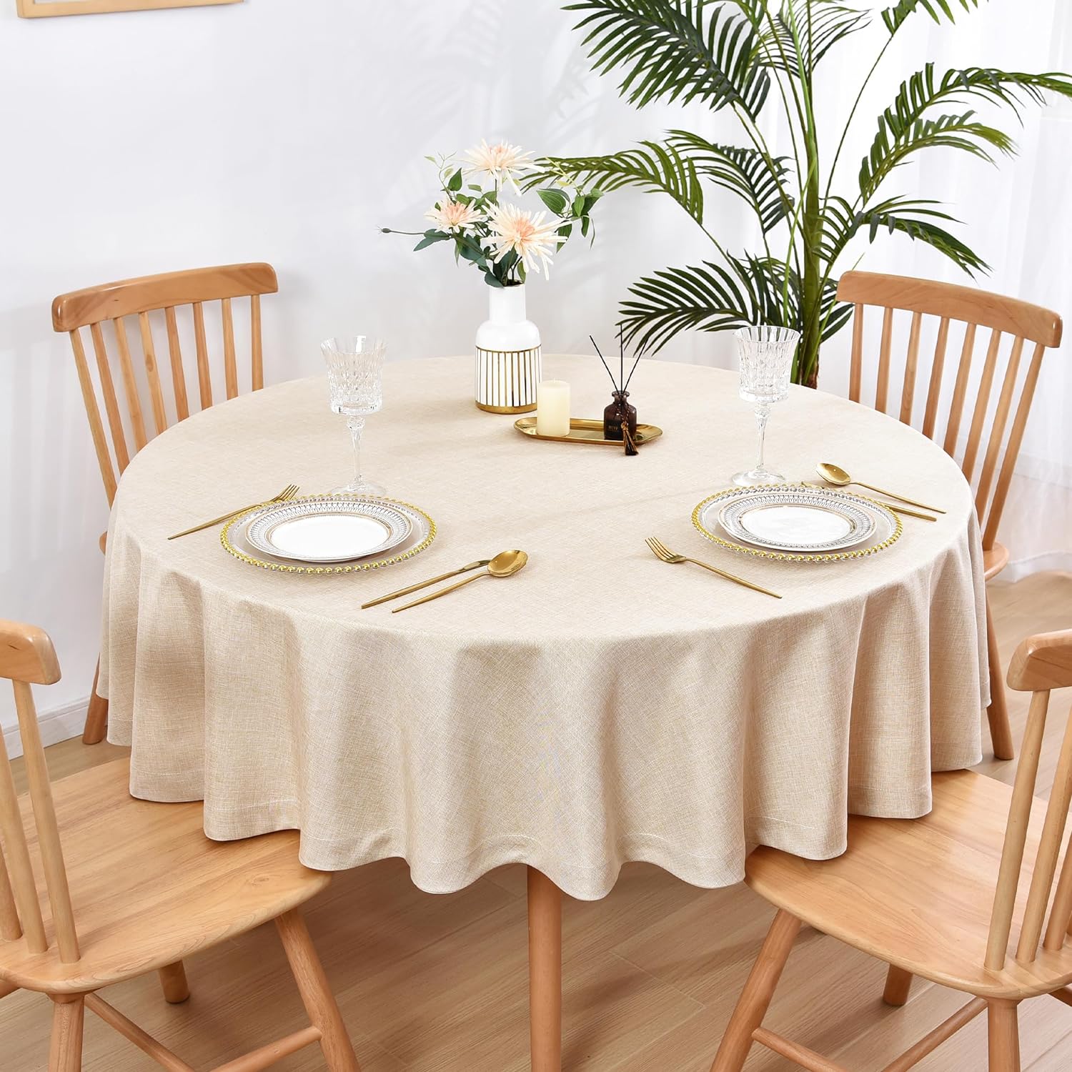 Faux Linen Round Tablecloth Heavy Duty Wrinkle Resistant Fabric Table ...