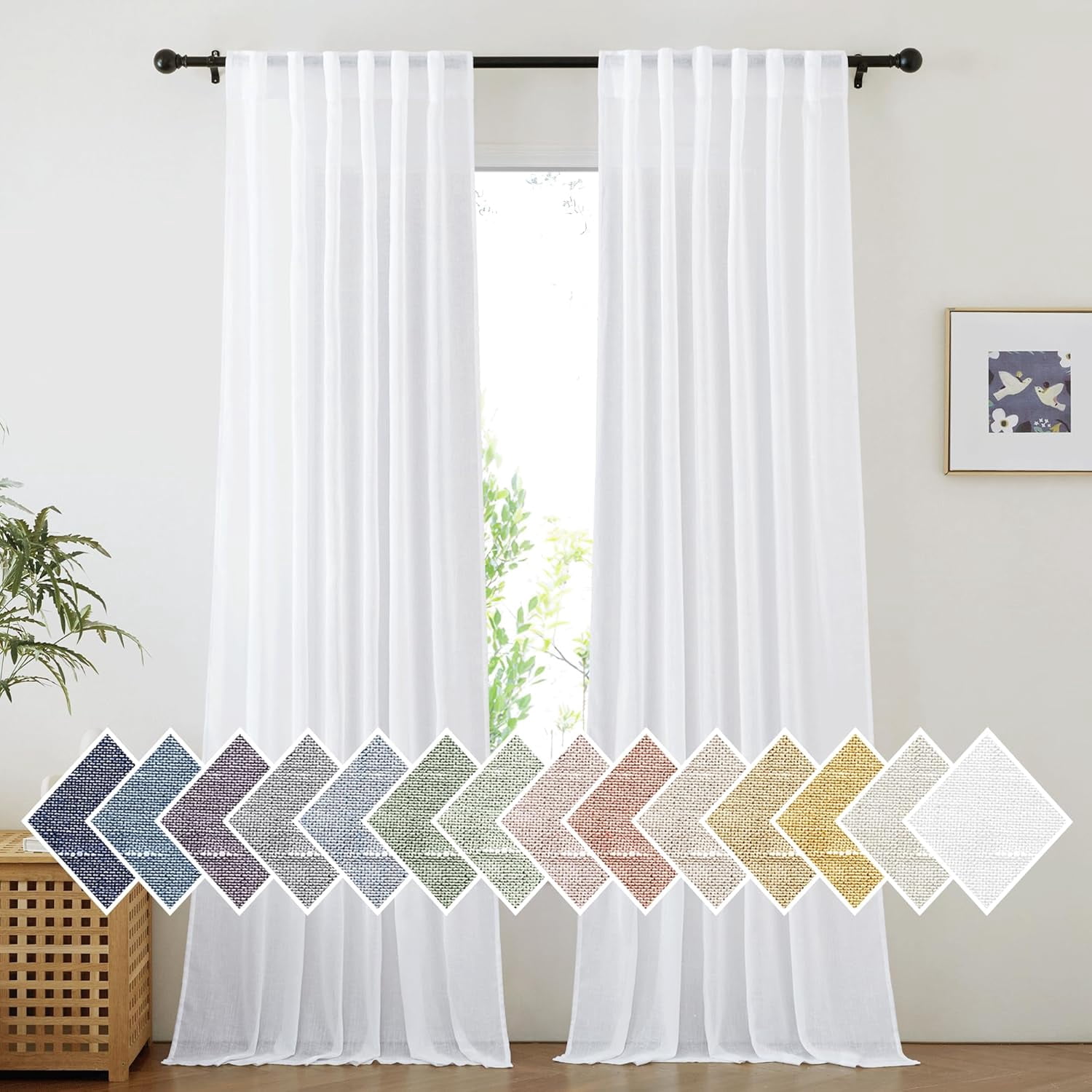 Faux Linen Semi Sheer Living Room Curtains, Rod Pocket & Back Tab ...