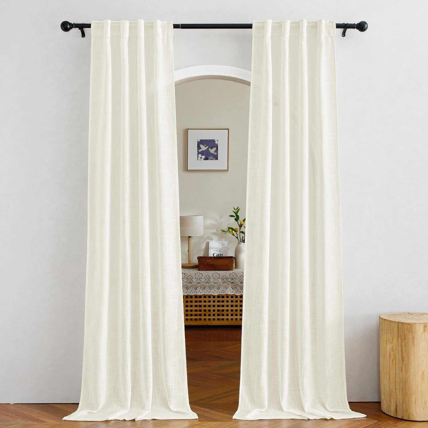 Faux Linen Sheer Curtains 80 inch Length for Doorway, Rod Pocket & Back ...