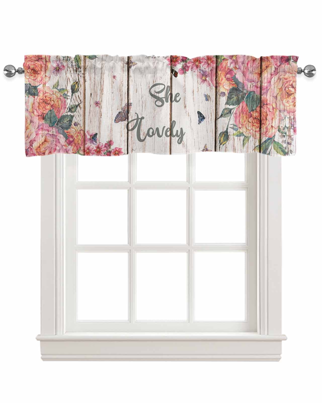 Faux Linen Valances for Windows Beautiful Flower with Butterfly on ...