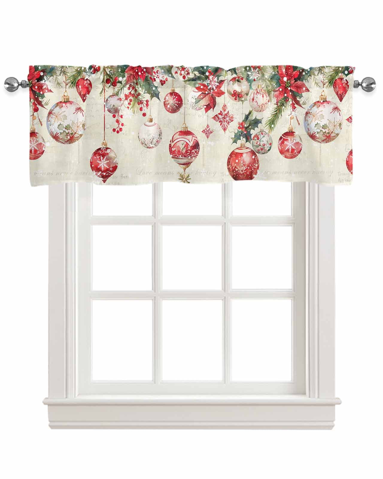 Faux Linen Valances for Windows Christmas Balls Poinsettia Holly ...
