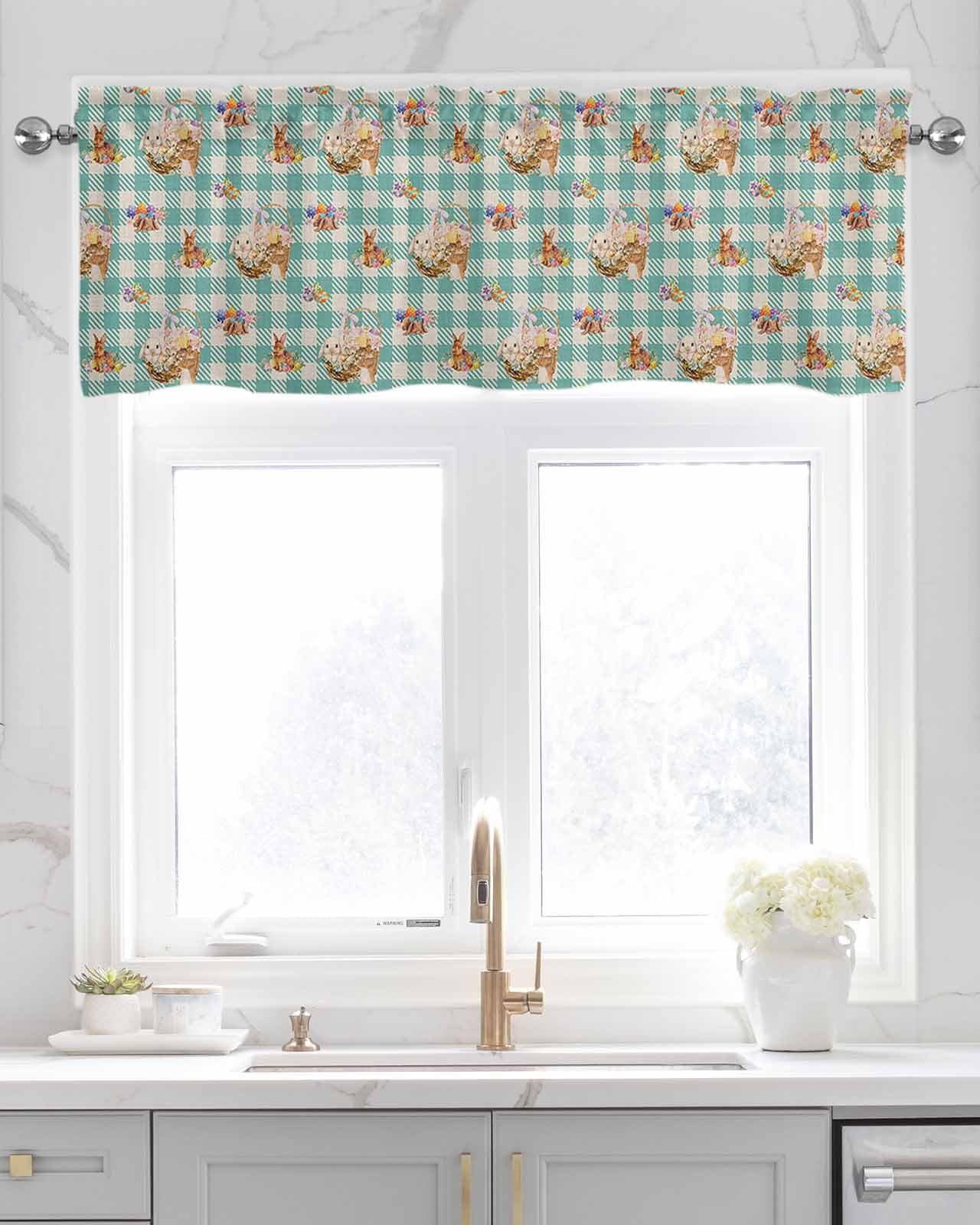 Faux Linen Valances for Windows Easter Rabbit with Flowers Blue Plaid ...