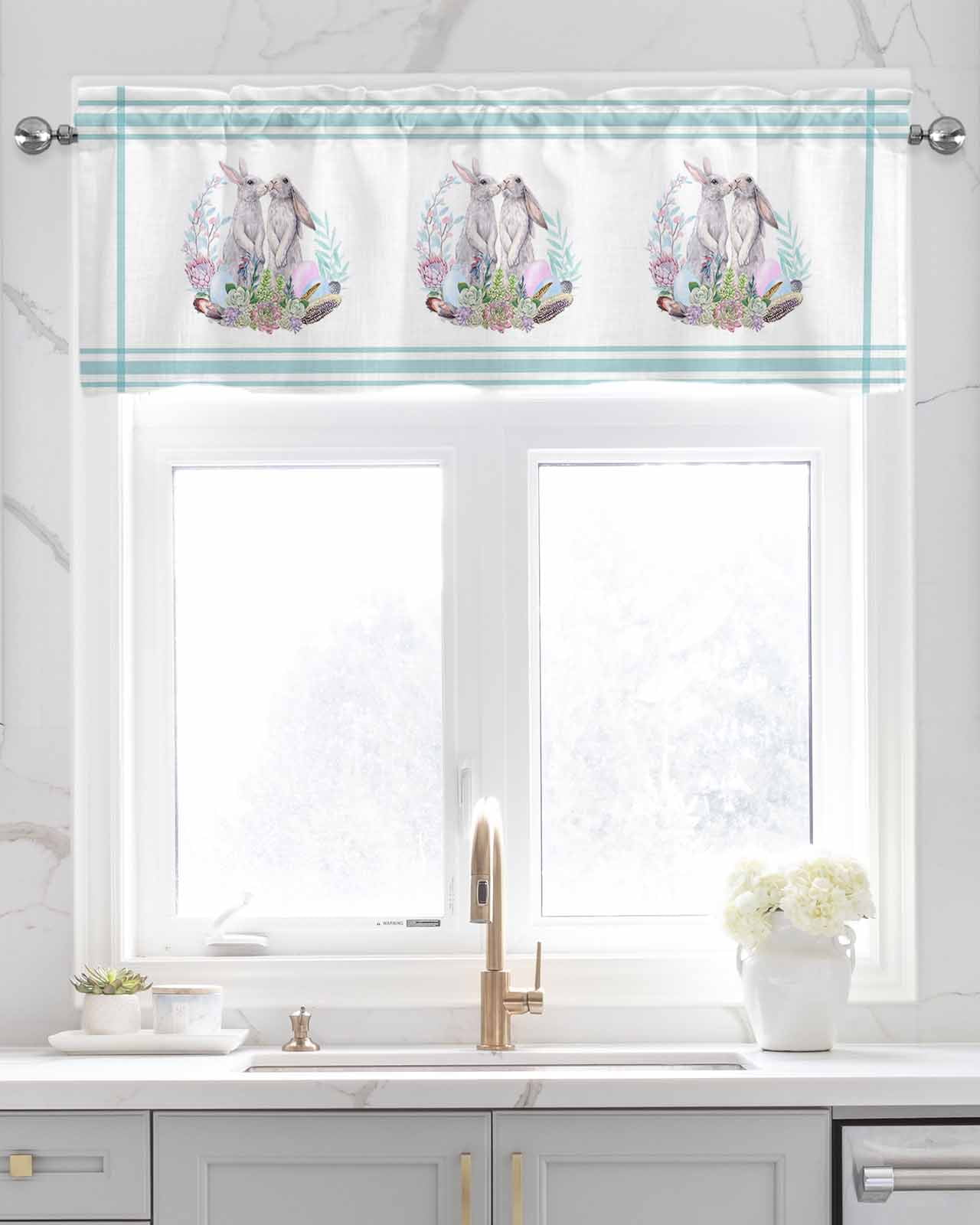 Faux Linen Valances for Windows Easter Rabbits Flowers Blue Stripes ...