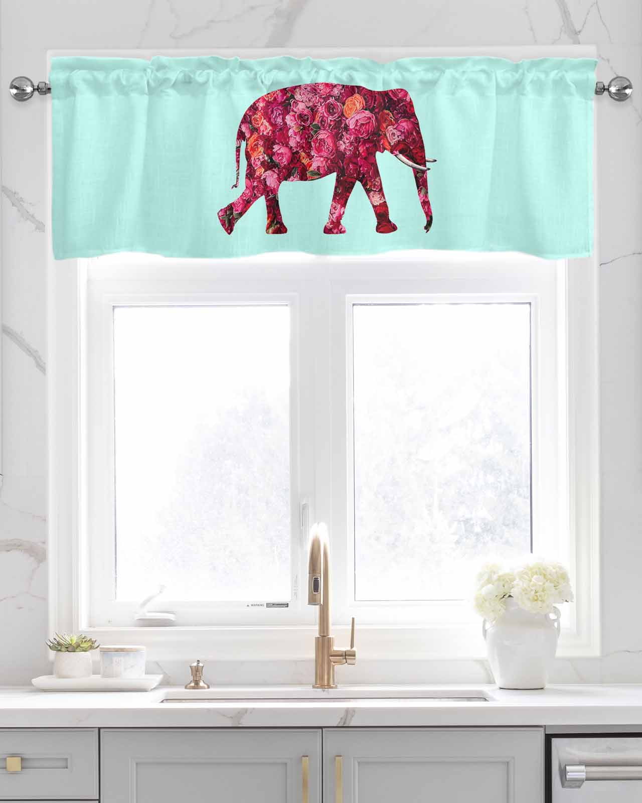 Faux Linen Valances for Windows Elephant Silhouette Flowers Oil ...