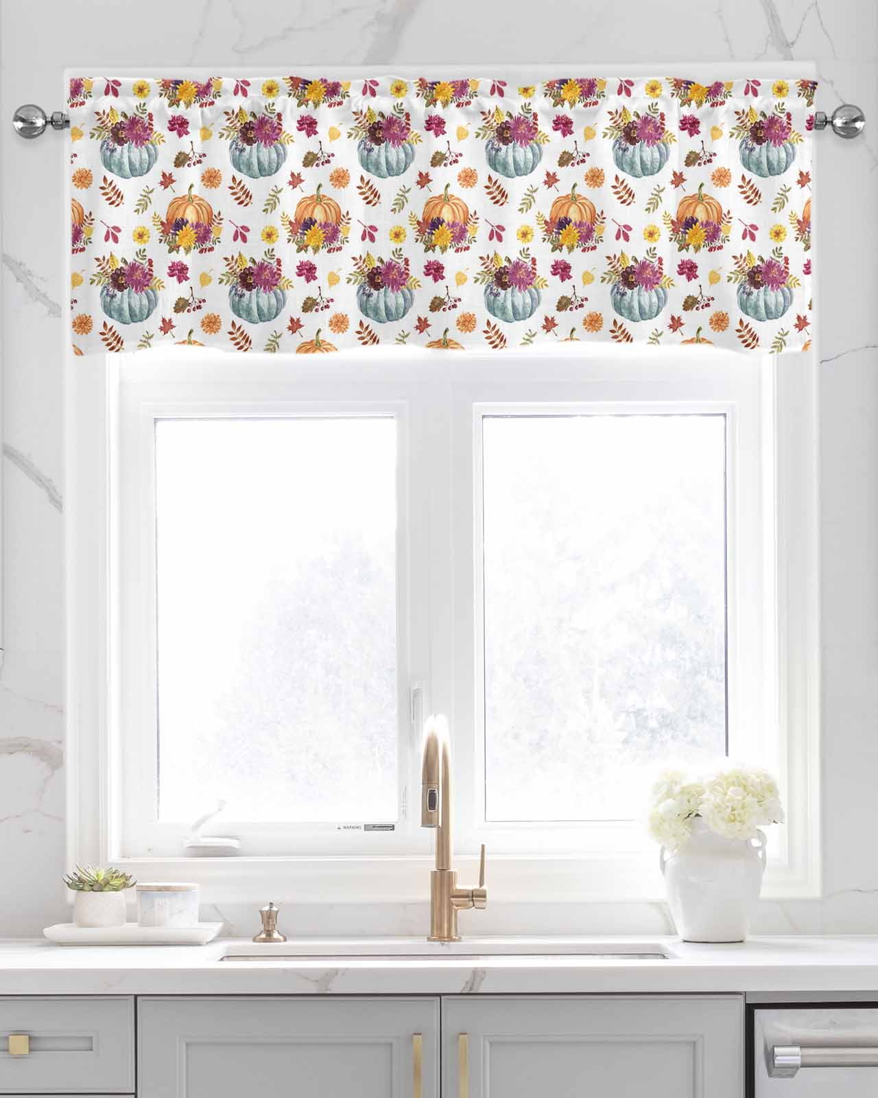 Faux Linen Valances for Windows Fall Farmhouse Blue Pumpkin with Flower ...