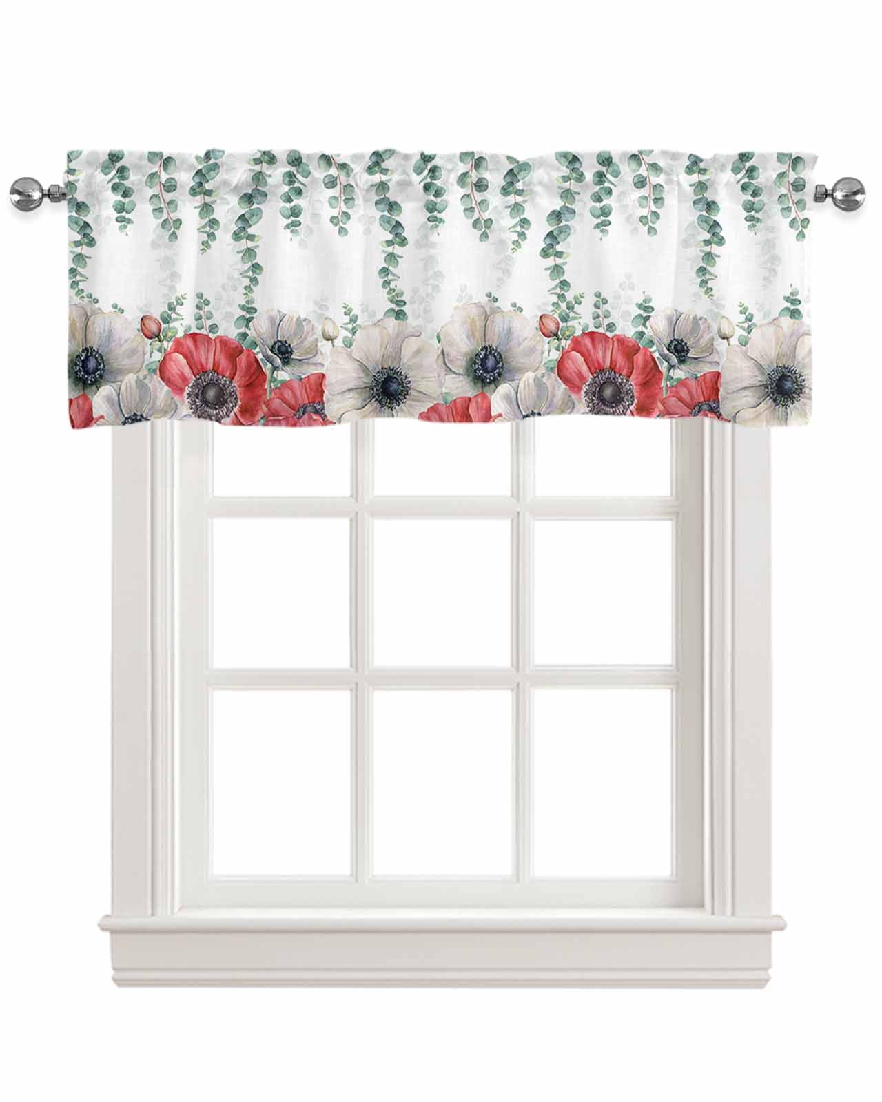 Faux Linen Valances for Windows Farmhouse Poppy Eucalyptus Leaves ...