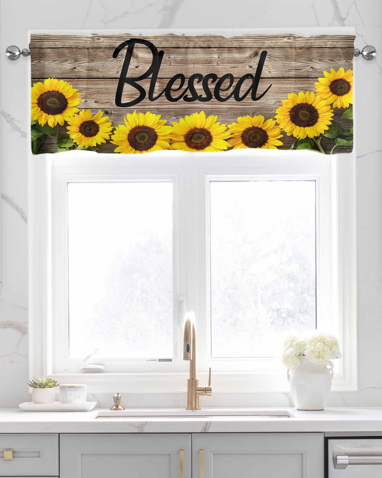 Faux Linen Valances for Windows Farmhouse Sunflower Positive Blessed Curtains Valance Light ...