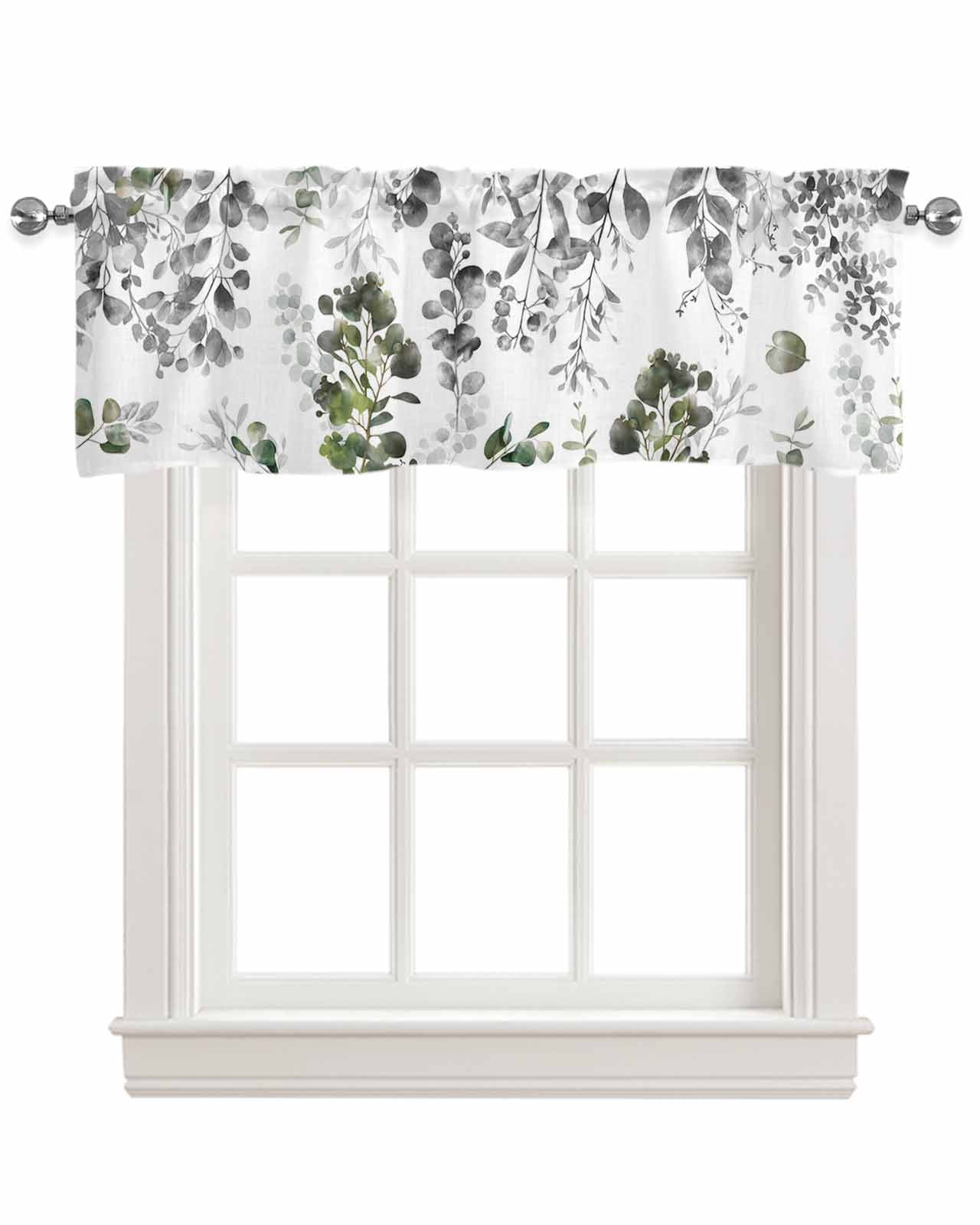 Faux Linen Valances for Windows Green and Grey Eucalyptus Leaves ...