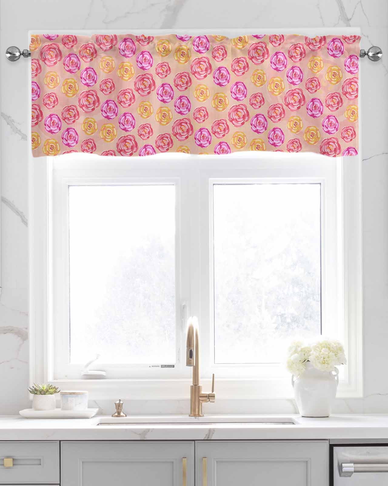 Faux Linen Valances for Windows Hand Drawn Pink Yellow Rose Floral ...