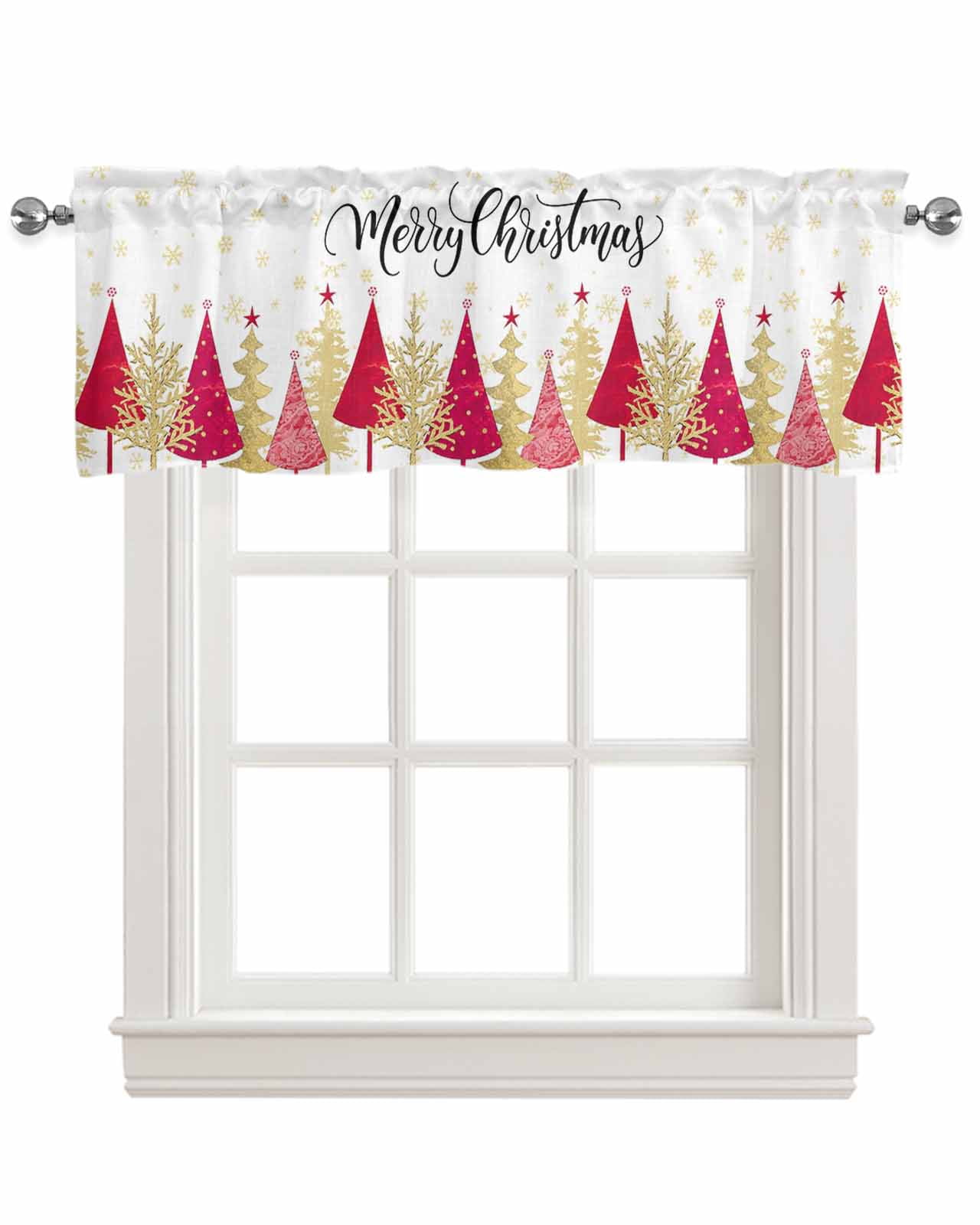 Faux Linen Valances for Windows Red Gold Christmas Tree Winter ...