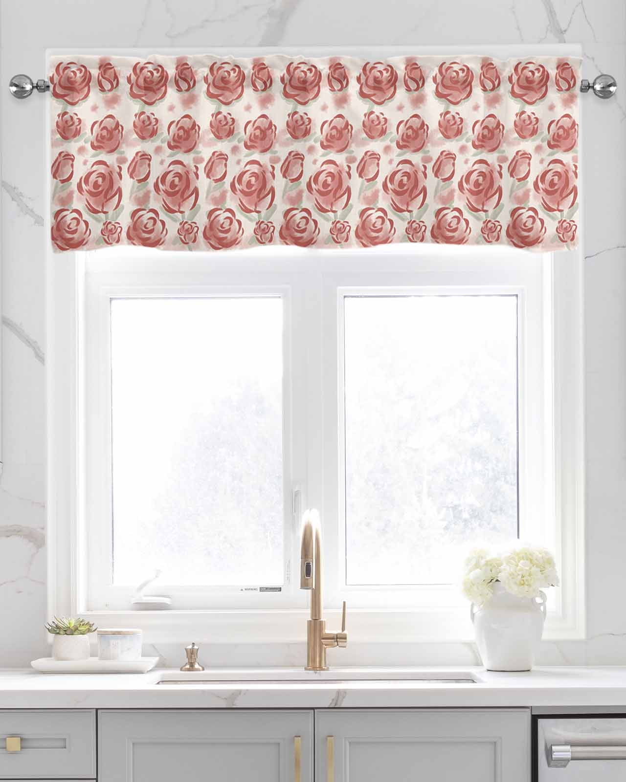 Faux Linen Valances for Windows Red Rose Flowers Watercolor Pattern ...