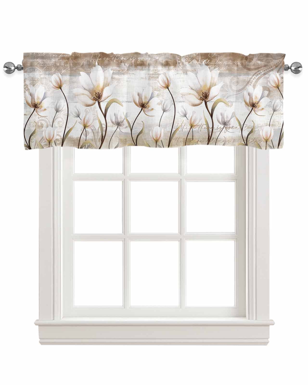Faux Linen Valances for Windows Retro Flowers Floral Rustic Country ...