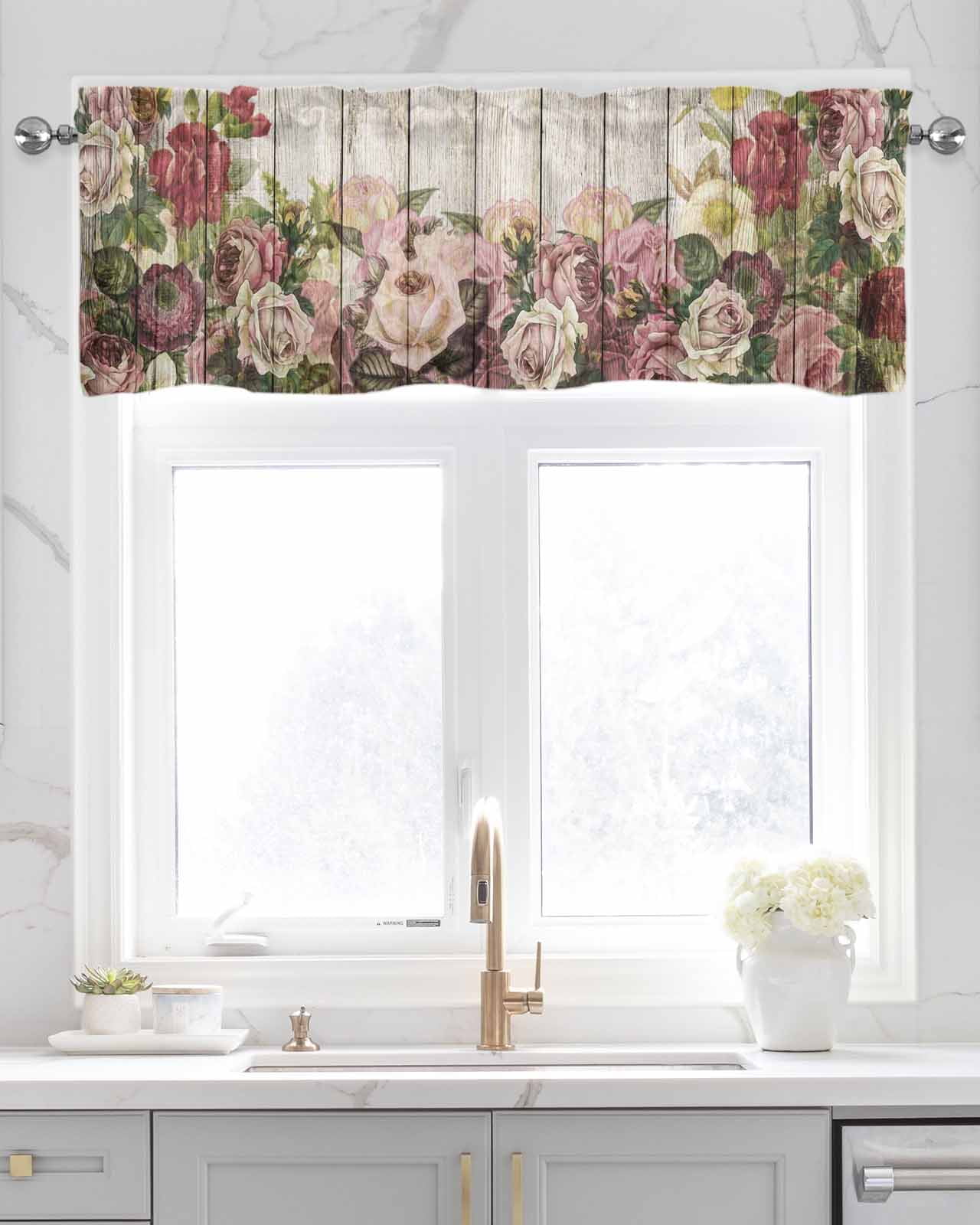 Faux Linen Valances for Windows Retro Flowers Wood Grain Curtains ...