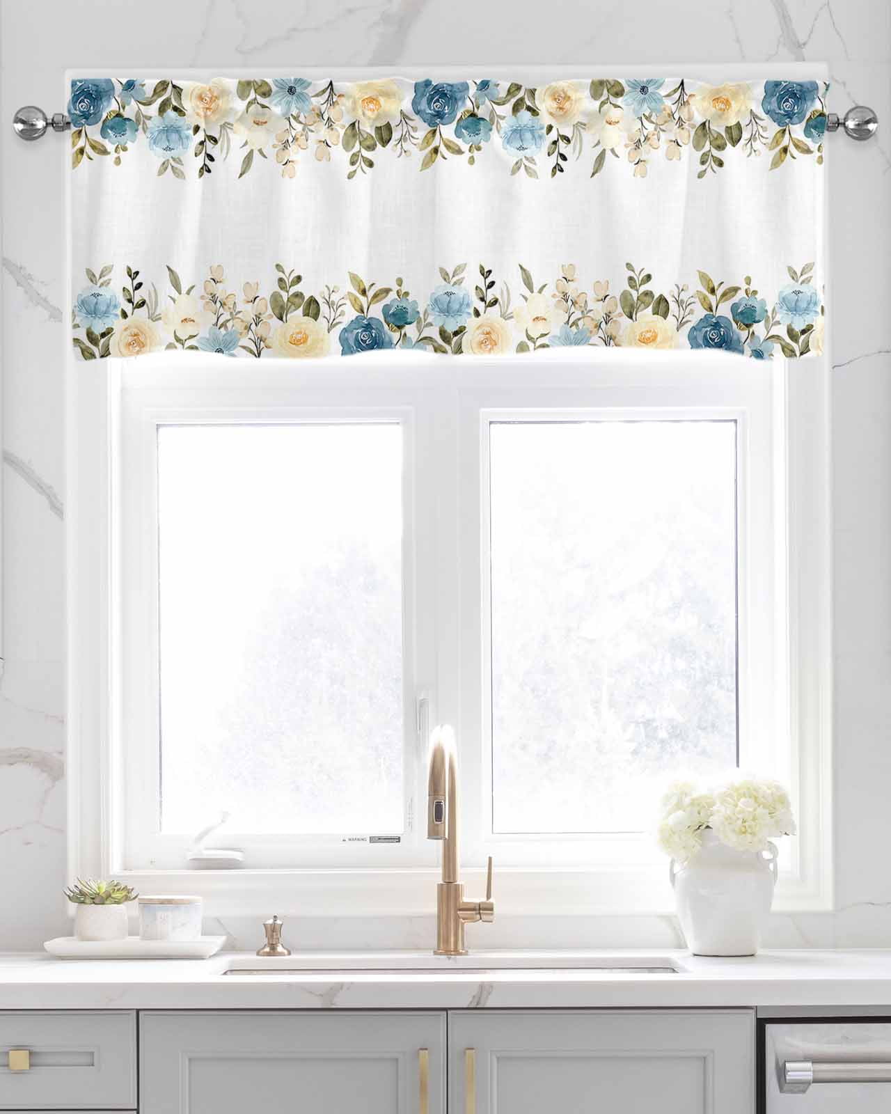 Faux Linen Valances for Windows Rose Flower Blue and Champagne Color ...