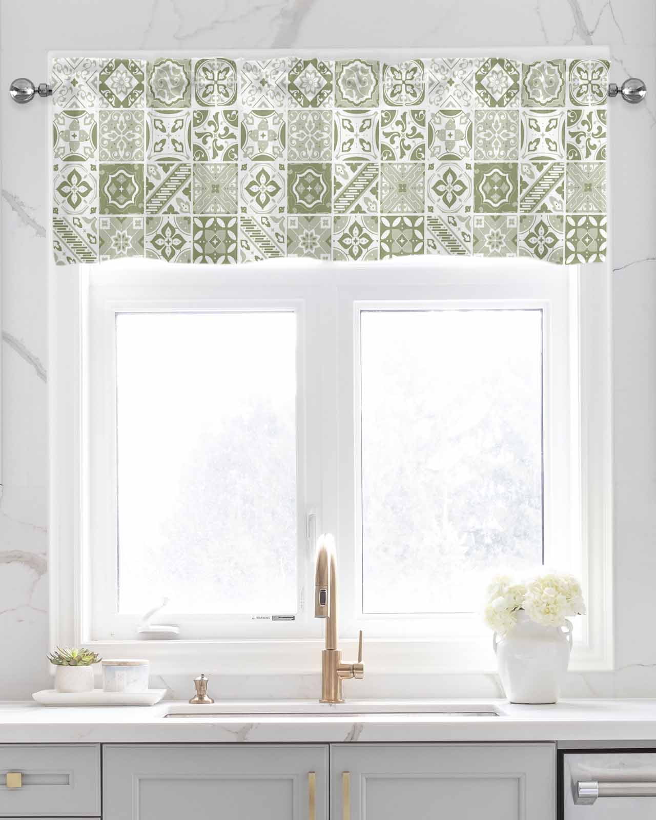 Faux Linen Valances for Windows Sage Green Floral Geometric Tile ...
