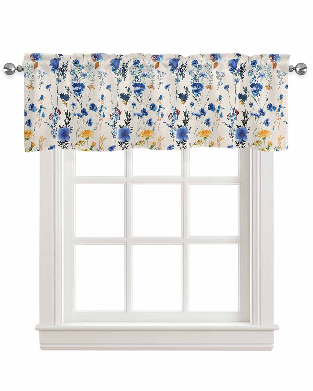 Faux Linen Valances for Windows Spring Blue and Yellow Flower Floral ...
