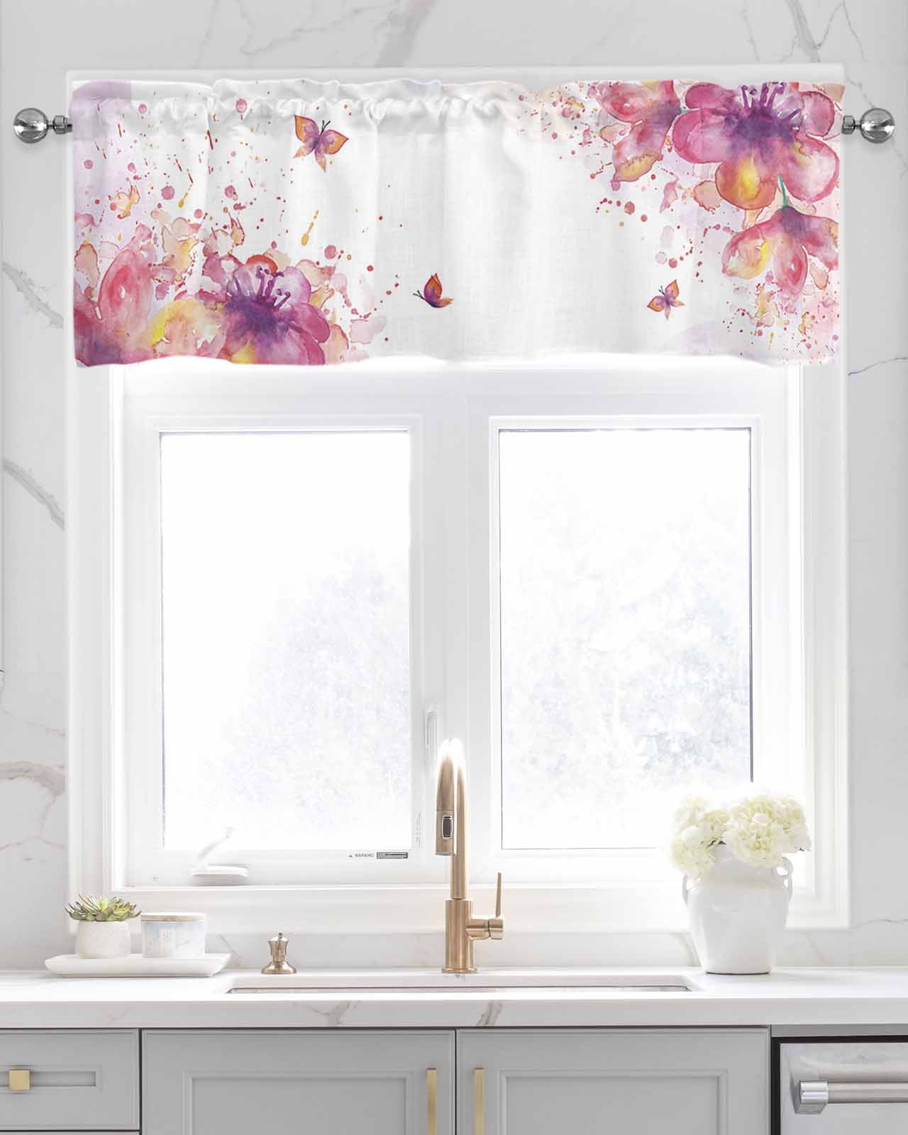 Faux Linen Valances for Windows Spring Pink Watercolor Flowers Bloom ...