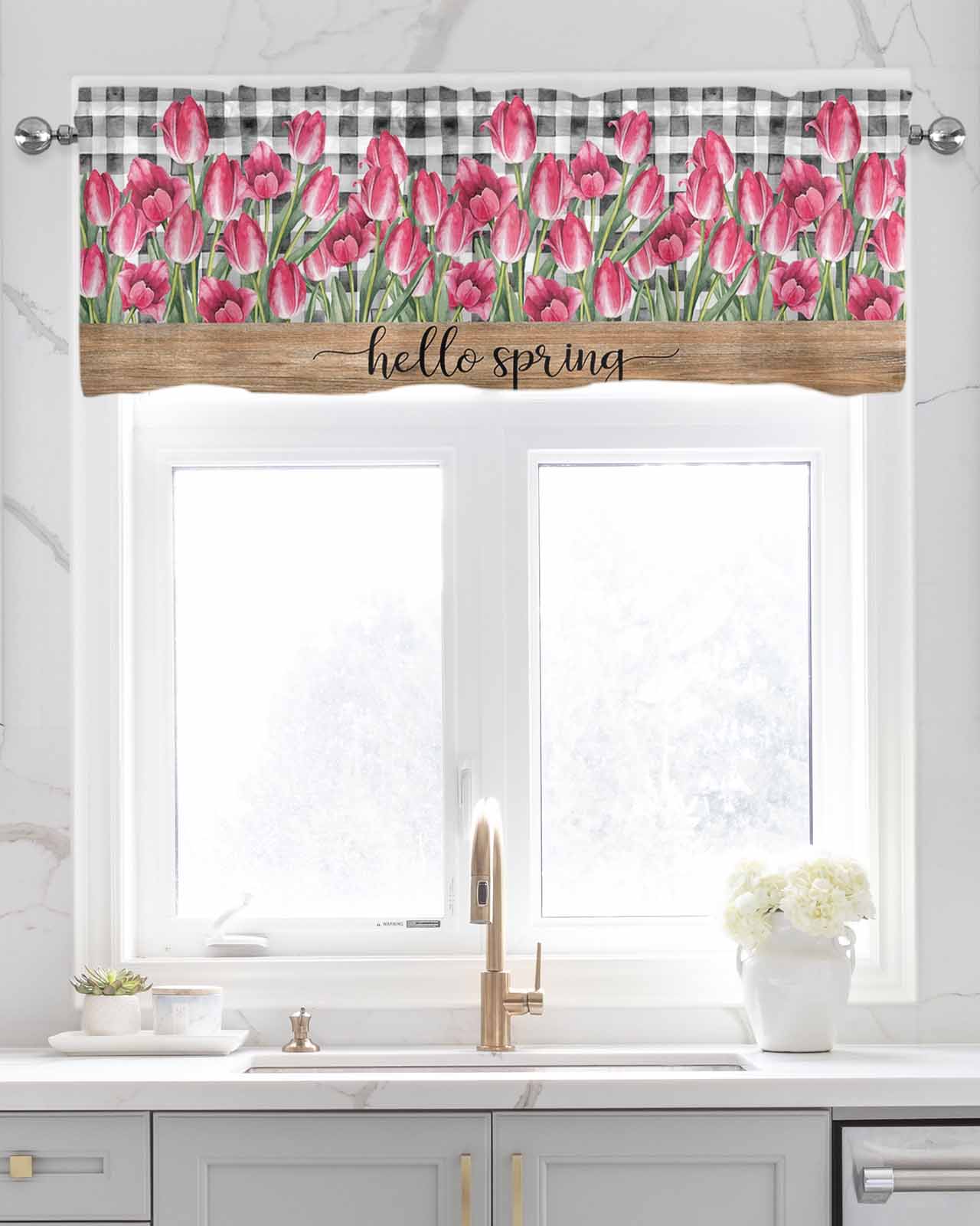 Faux Linen Valances for Windows Spring Watercolor Flowers Tulips Black ...