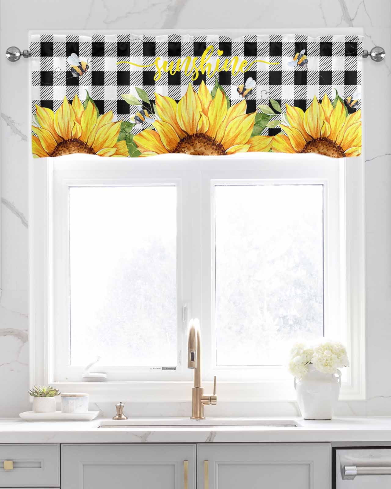 Faux Linen Valances for Windows Sunshine Sunflower Black and White ...