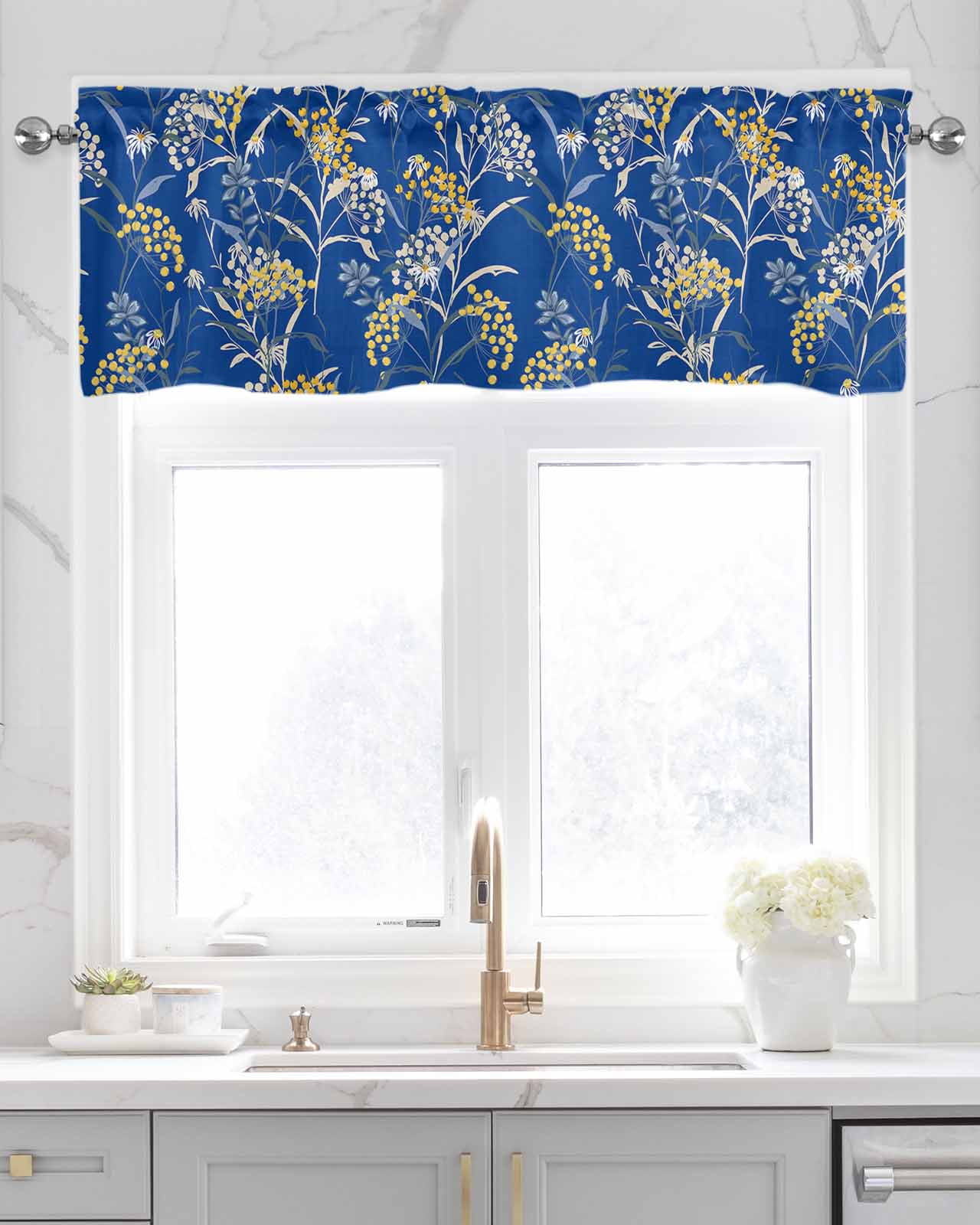 Faux Linen Valances for Windows Yellow Flowers Fall Harvest Navy Blue ...
