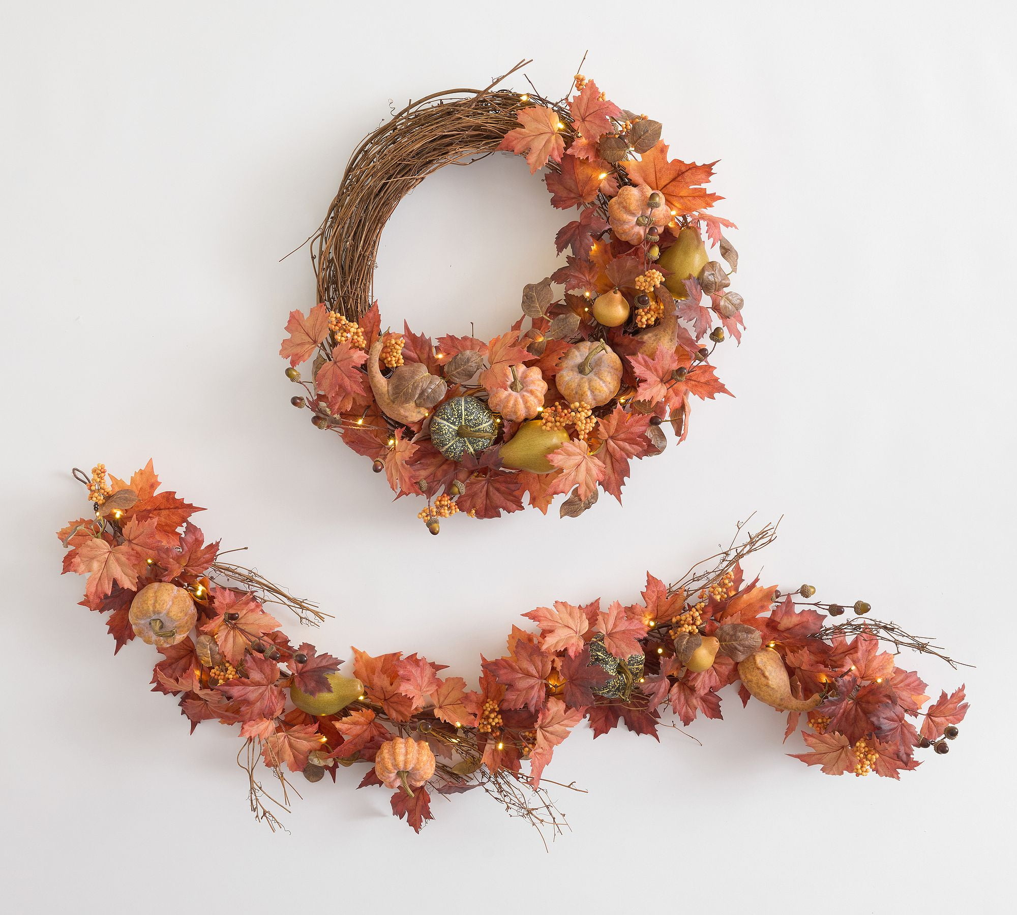 Faux Lit Harvest Wreath and Garland Set - Pre-Lit Fall Decor Collection ...