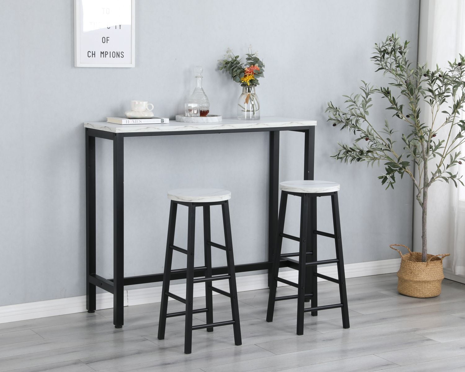 Faux Marble Black Table Top Bar Table with 2 Bar Chairs, Kitchen ...