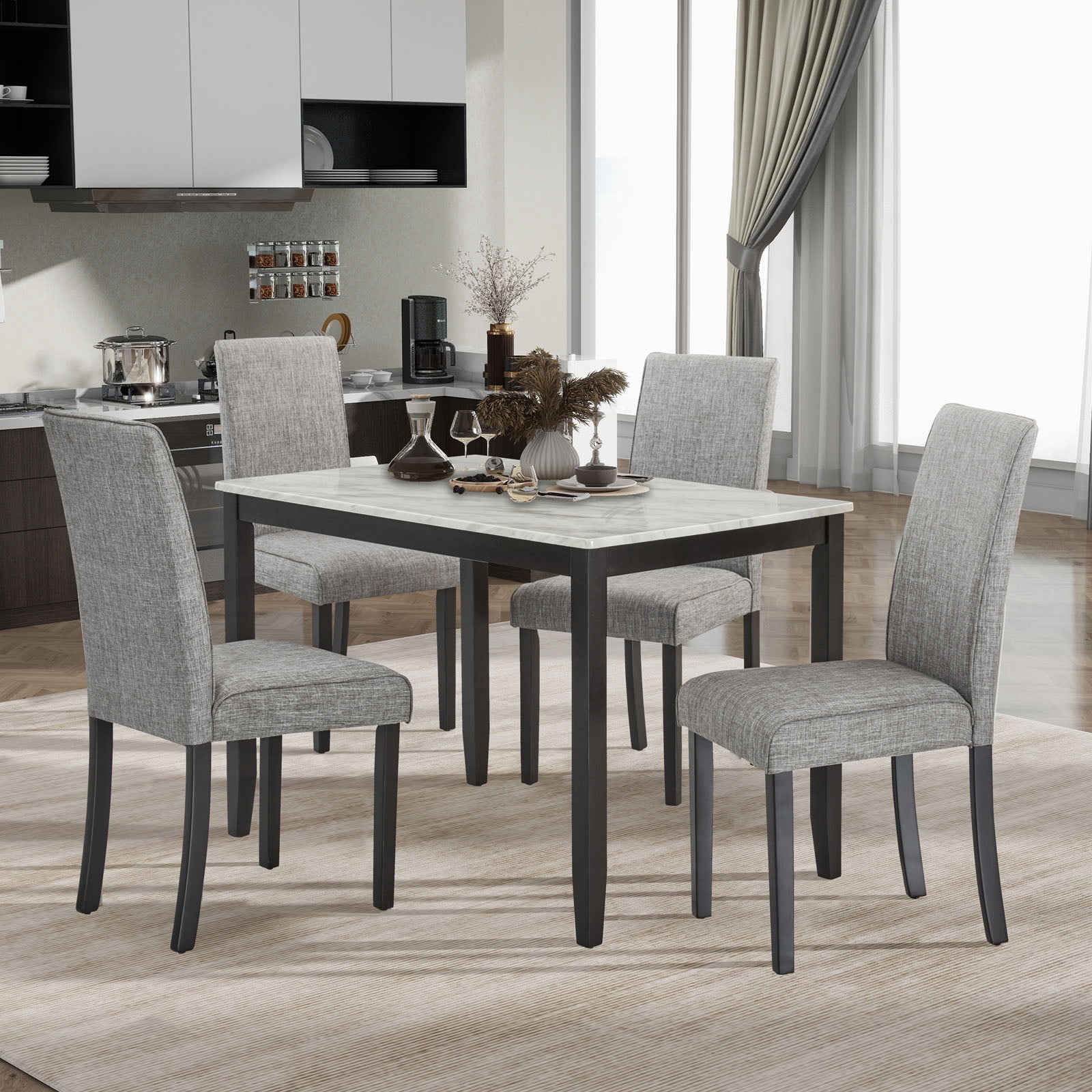 Faux Marble Dining Rectangular Table, 4 Person Wood Dining Table, White ...