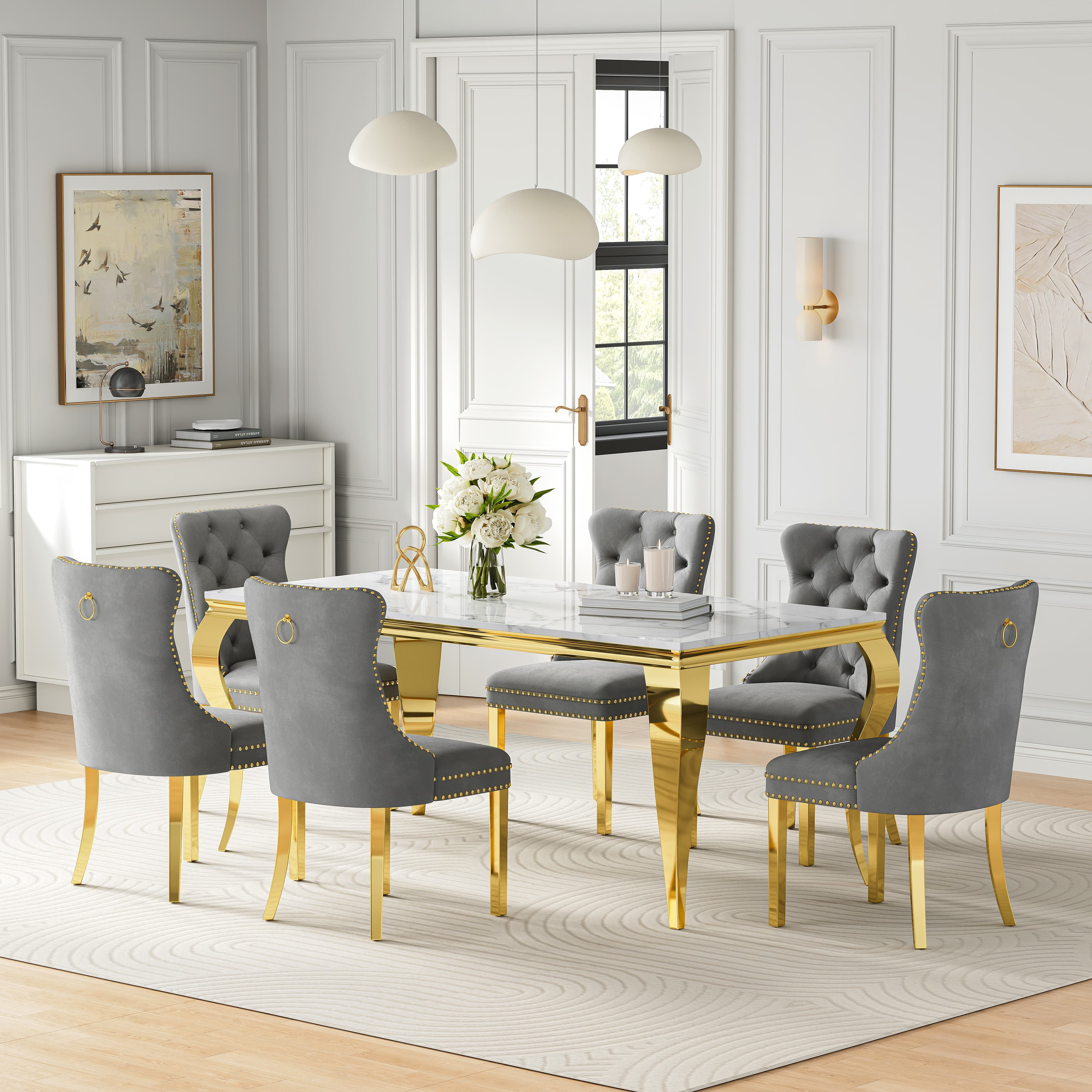 Faux Marble Dining Set of 7, Marble Pattern Table with S-Shaped ...