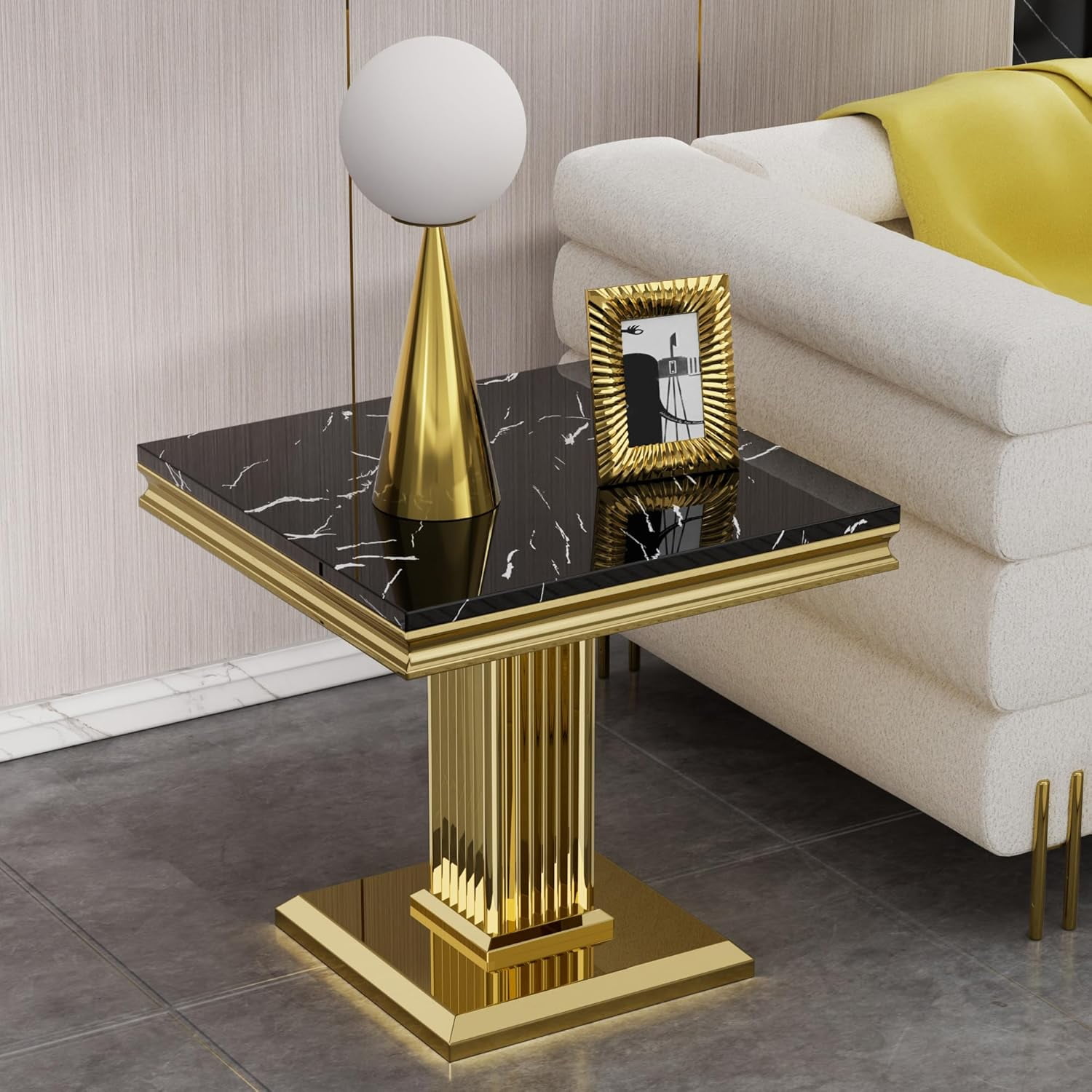Faux Marble End Table Living Room Table Side Table, Modern Faux Marble Square Conner Table with ...