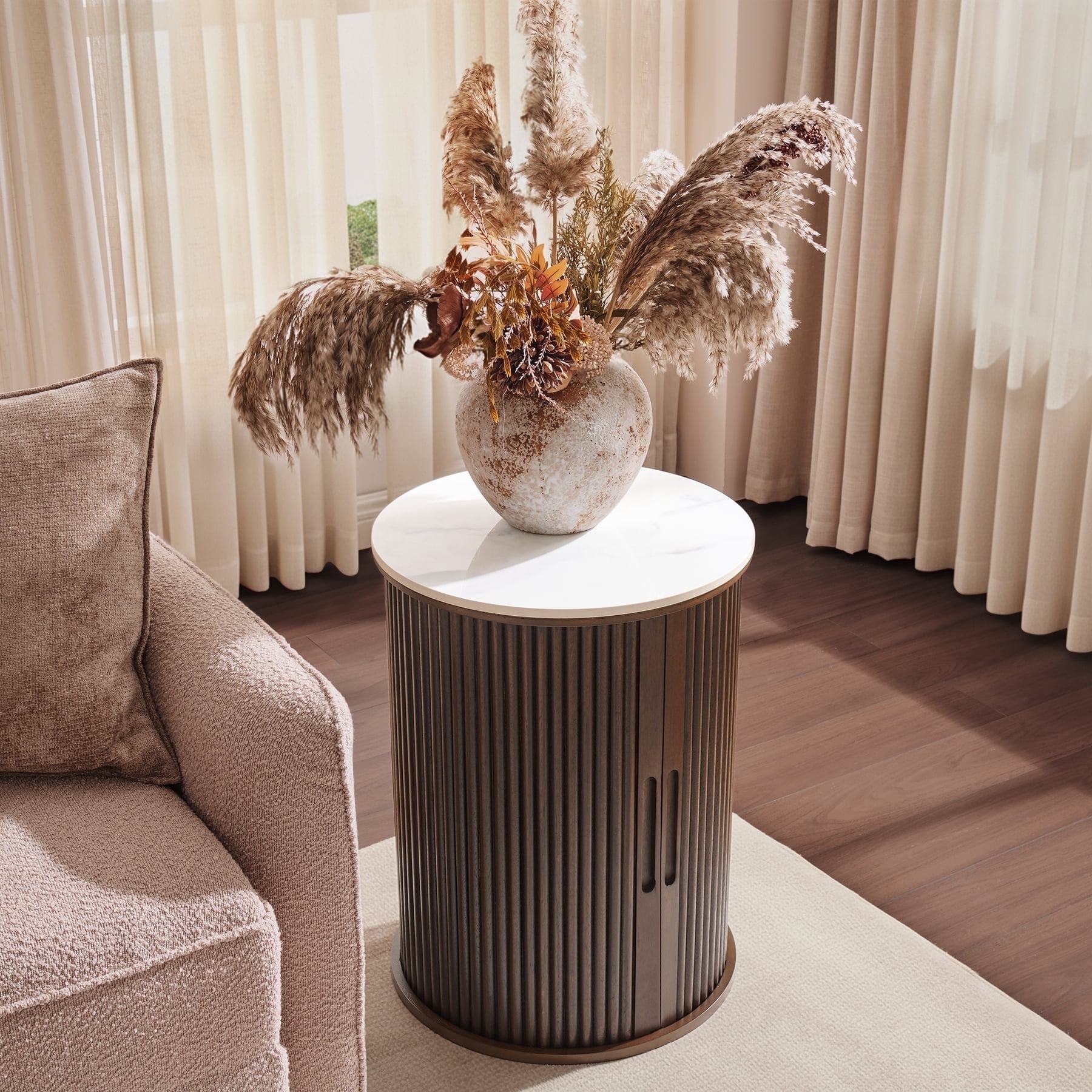 Faux Marble End Table with Sliding Door, 17.3" Modern Round Nightstand ...