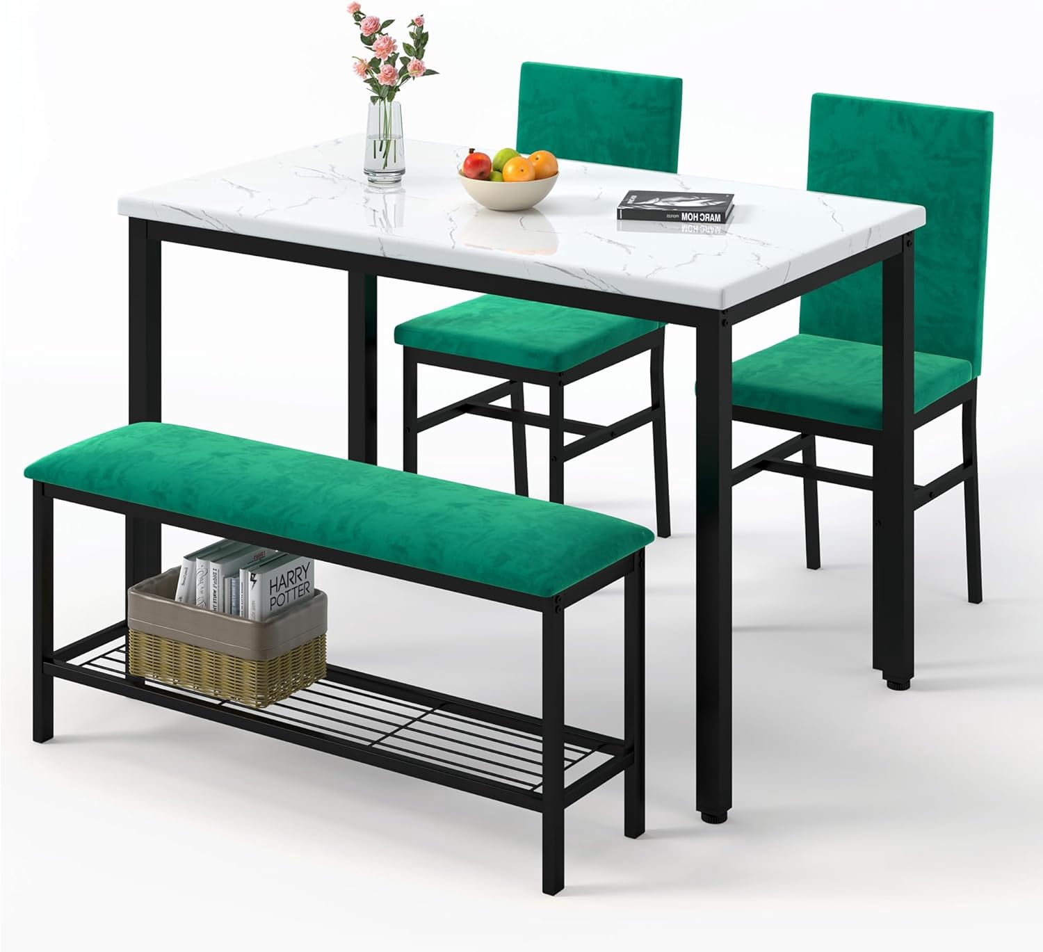 Faux Marble Kitchen Table with Velvet Chairs and Storage Net , Dining ...