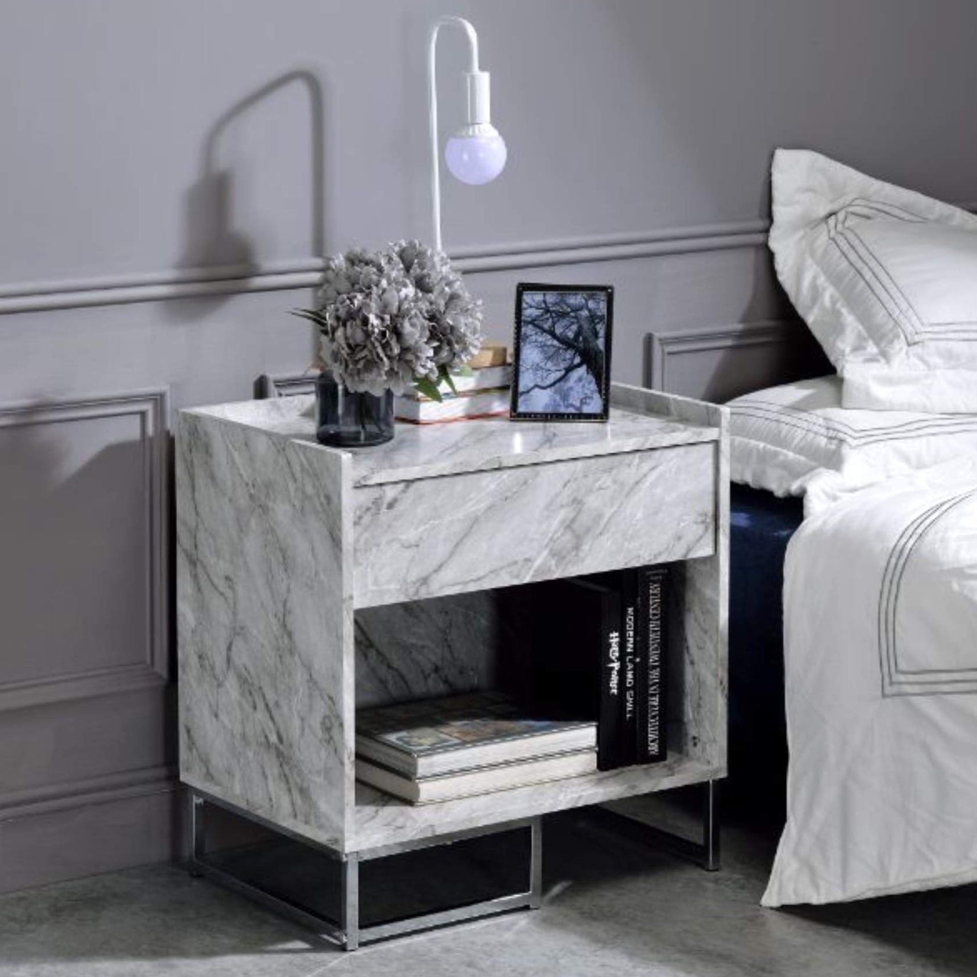 Faux Marble Nightstand with Metal Base in White and Chrome - Walmart.com