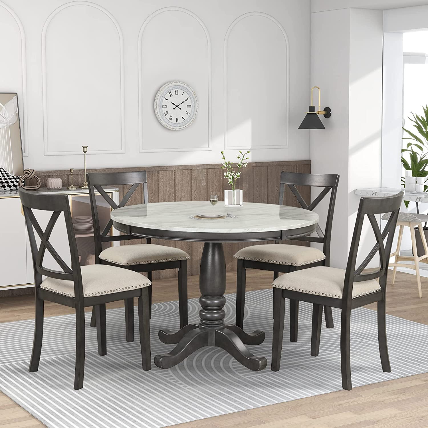Faux Marble Round Dining Room Table Set with Chairs for 4 Wooden Round ...
