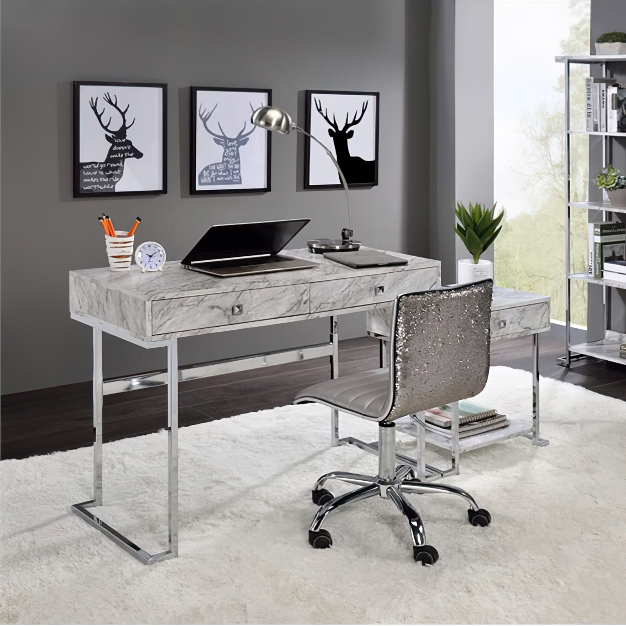 Faux Marble Top Writing Desk with 2 Drawers in White and Chrome ...