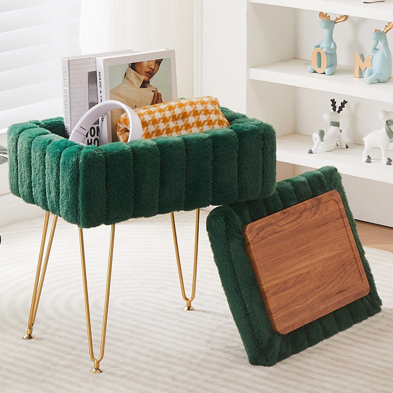 Faux Mink Fur Storage Ottoman, Modern Footstool with Metal Legs, Vanity ...