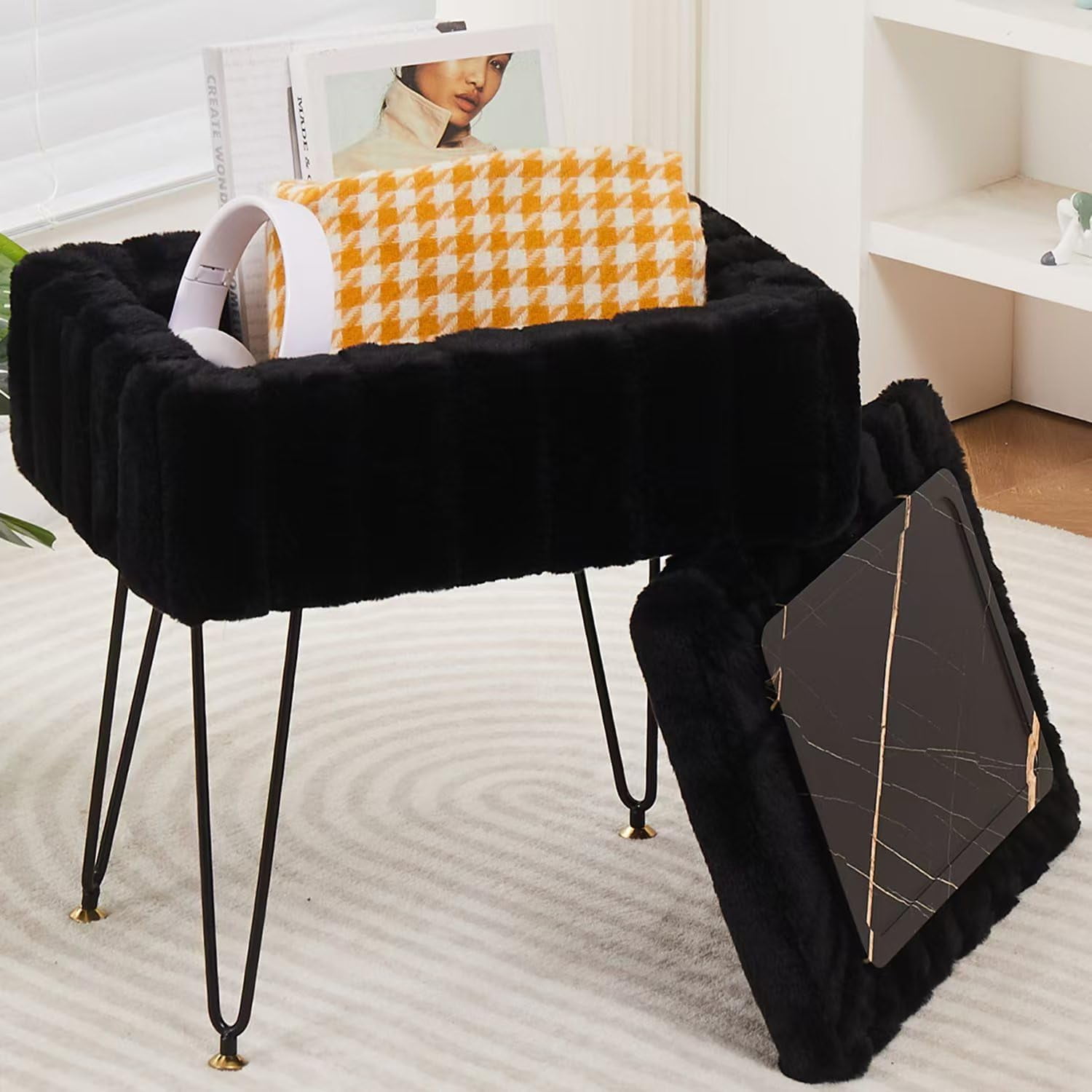Faux Mink Fur Storage Ottoman, Modern Soft Footstool, Storage Bench ...